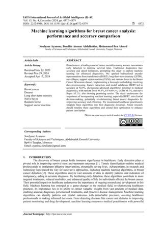 Machine learning algorithms for breast cancer analysis: performance and ...
