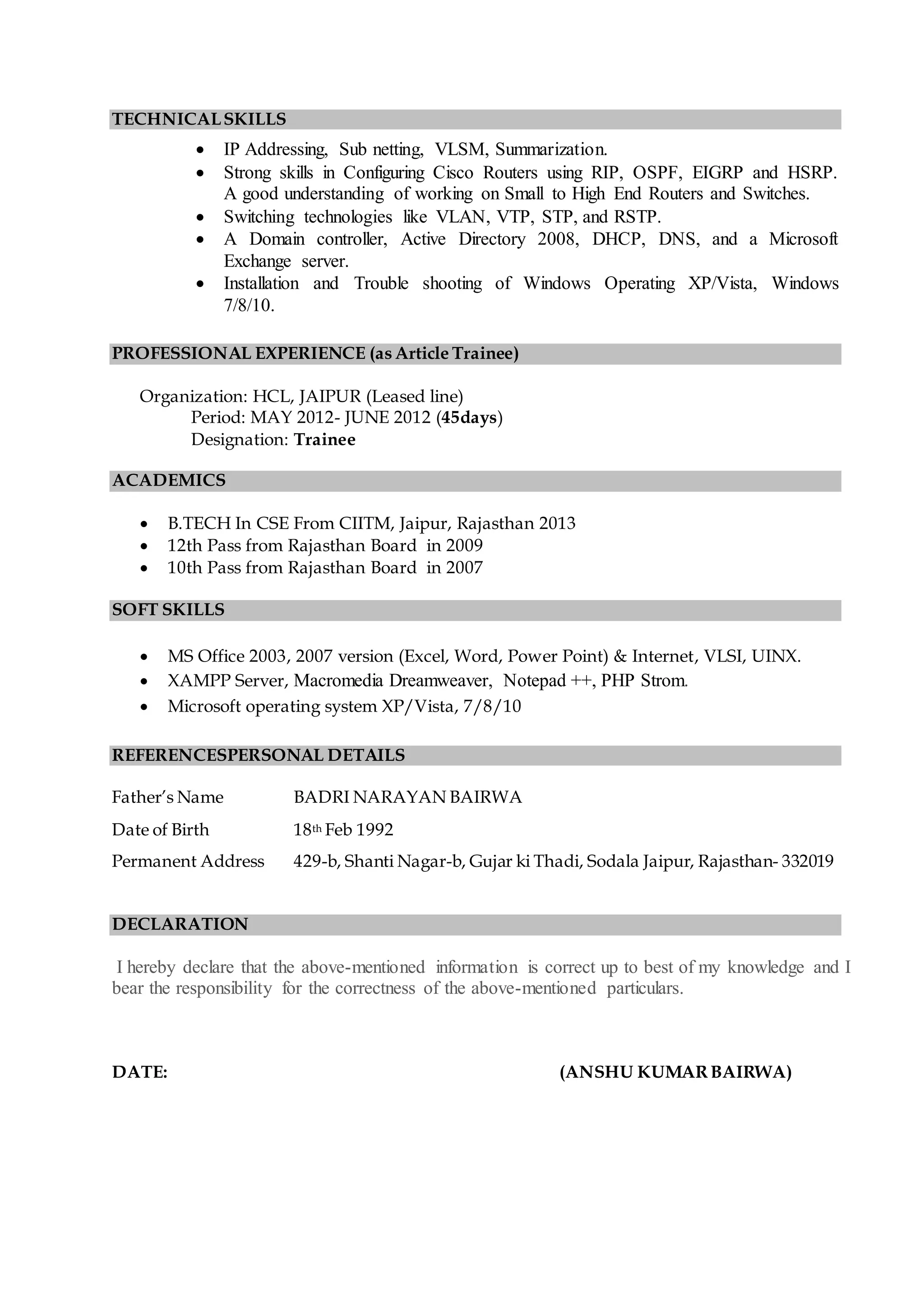 CV Anshu Kumar Bairwa | DOCX