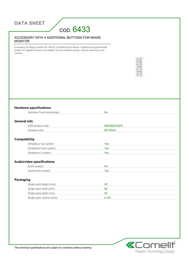 Comelit 6433 Data Sheet | PDF
