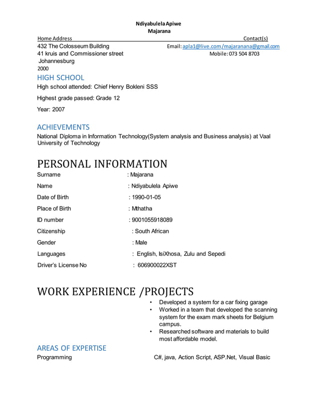 Ndiyabulela Apiwe Majarana_CV | DOCX | Programming Languages | Computing