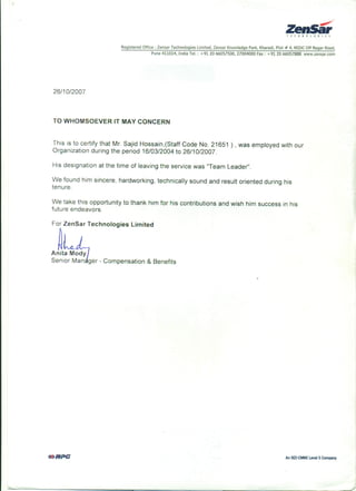 Zensaar Experience Letter | PDF