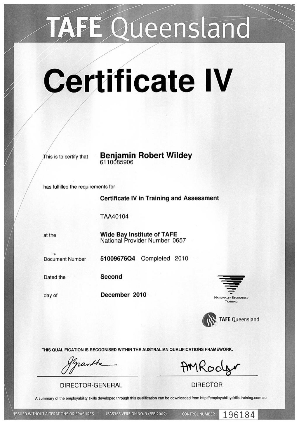 Certificate IV in Training and Assessment TAA40104 TAFE Dec 2012