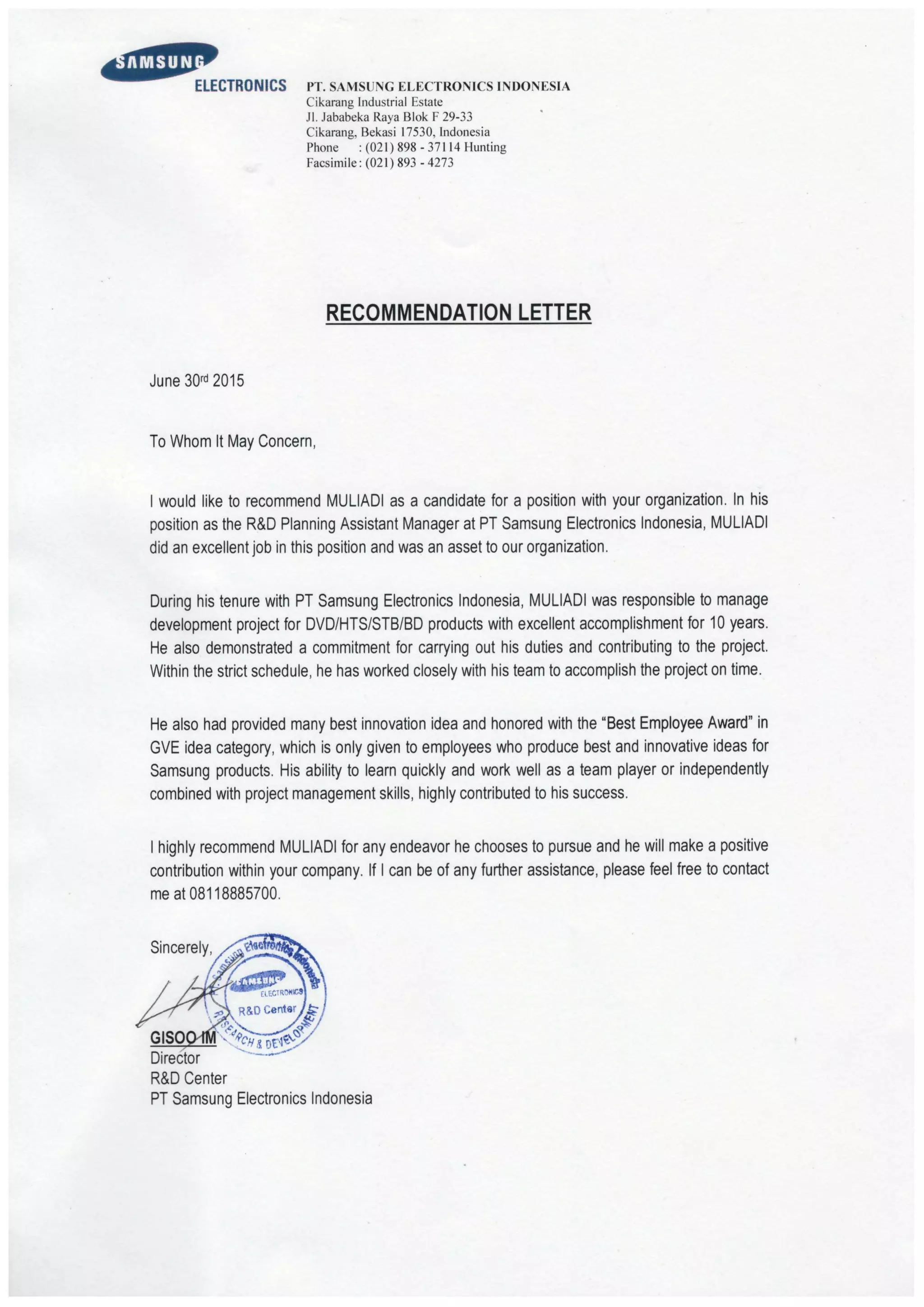 Samsung Recommendation Letter | PDF