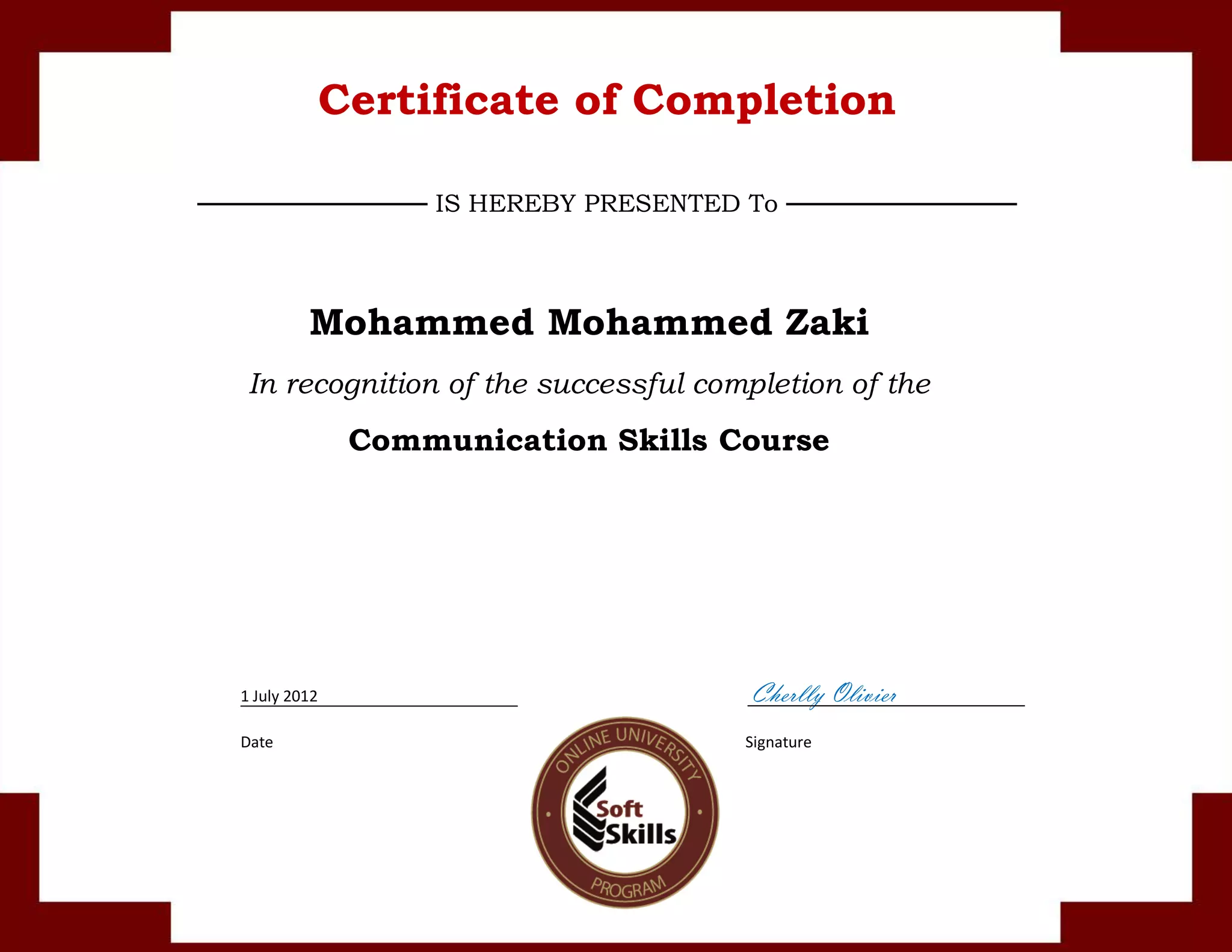 Mohammed Mohammed Zaki Communication Skills Certificate | PDF