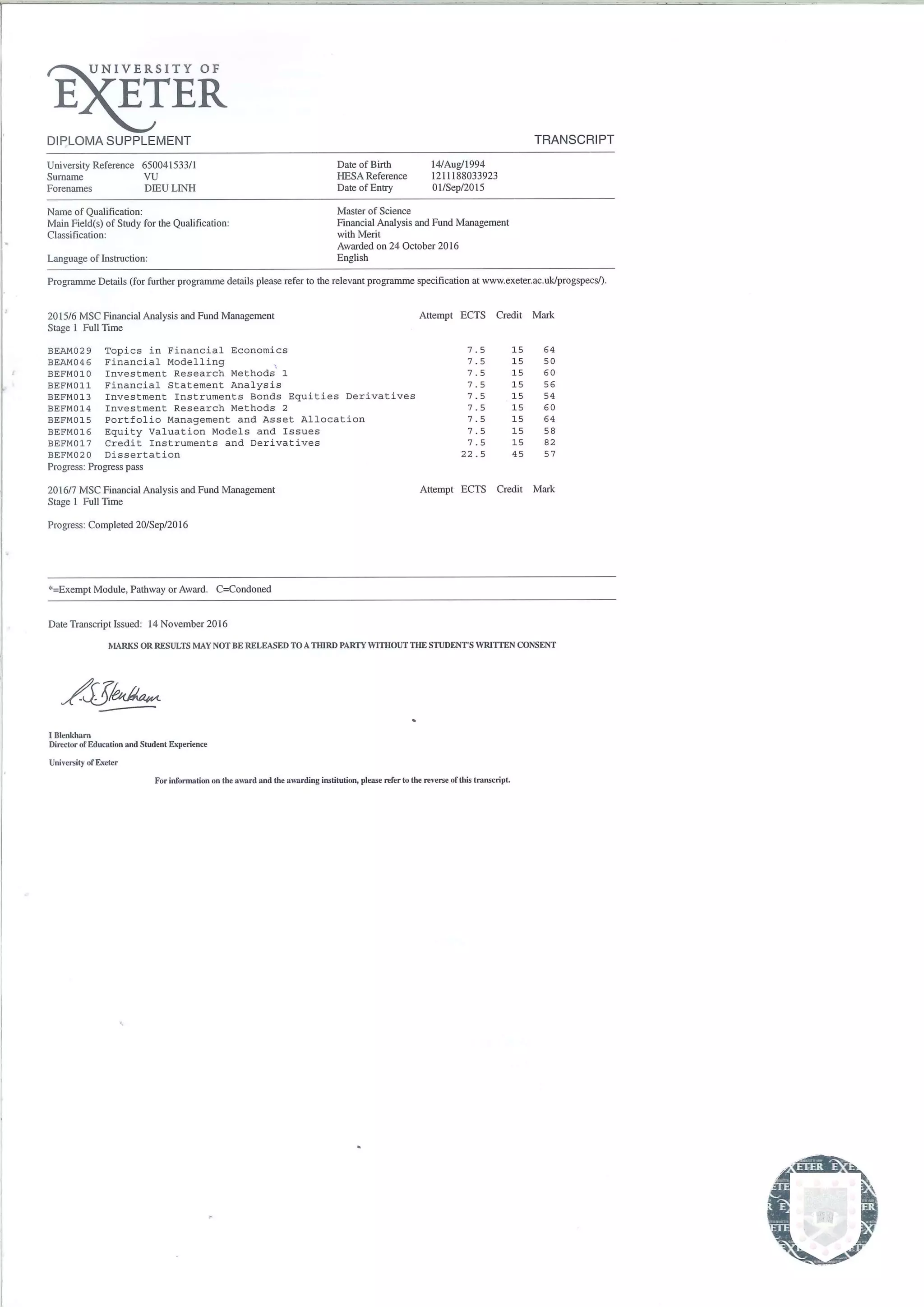 Master transcript | PDF