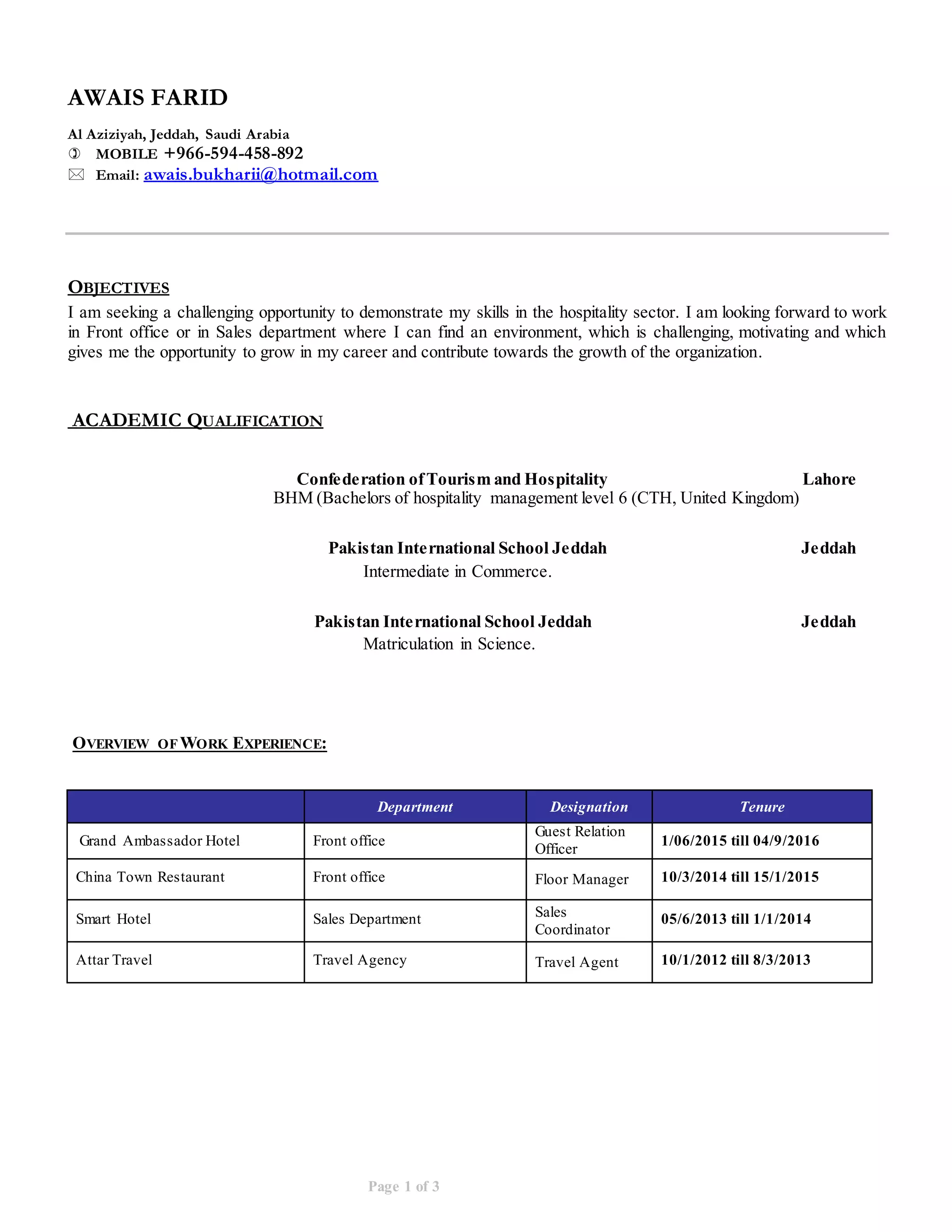 AWAIS FARID - CV | DOCX | Hospitality Industry | Industries