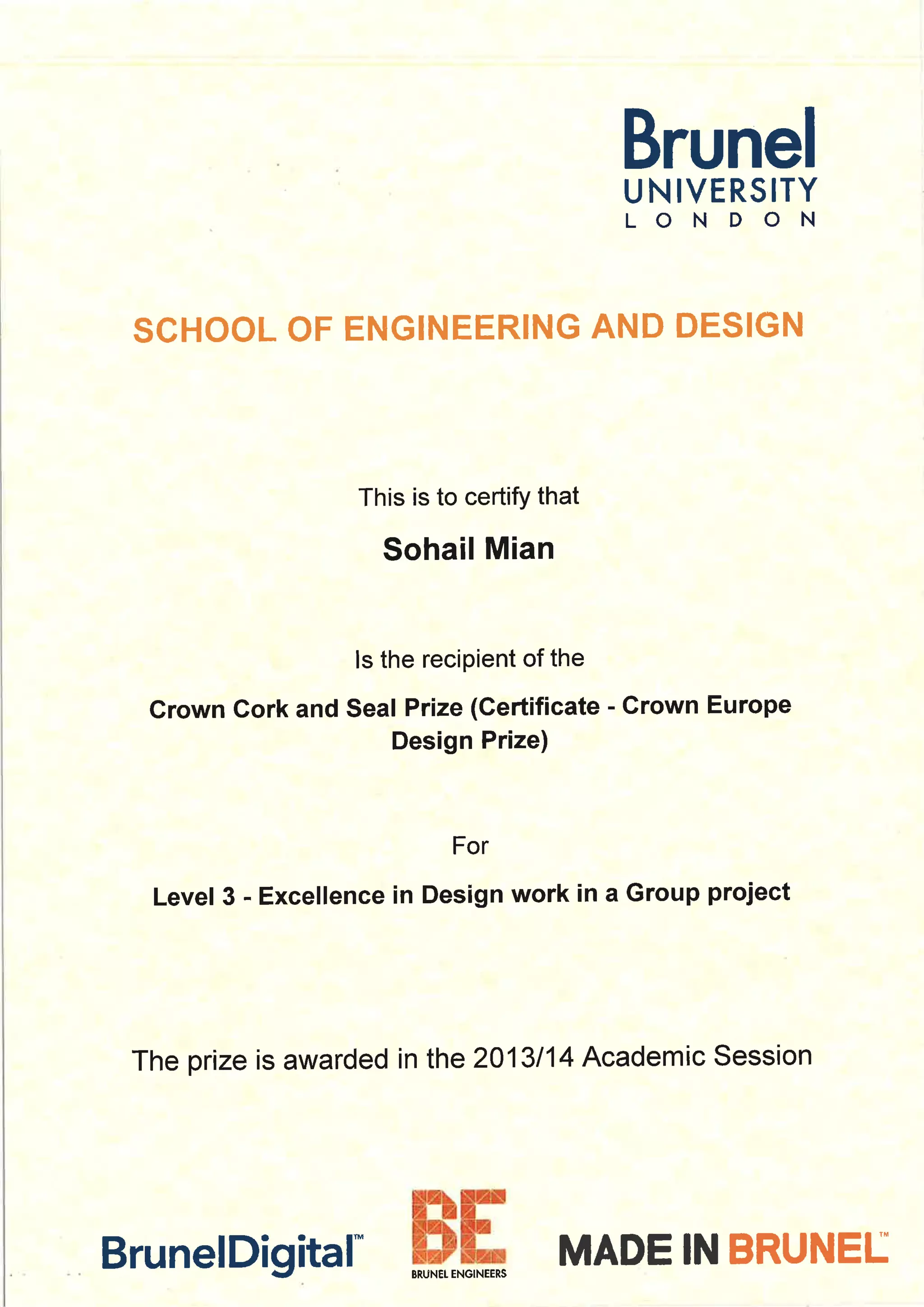 Crown Cork and Seal Prize Certificate | PDF