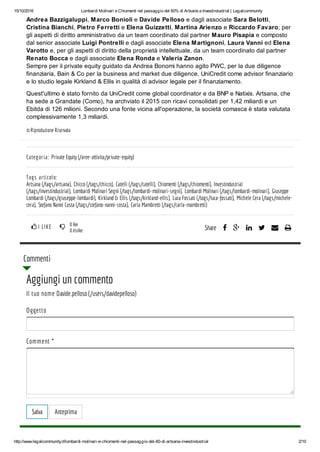 Lombardi Molinari e Chiomenti nel passaggio del 60% di Artsana a ...