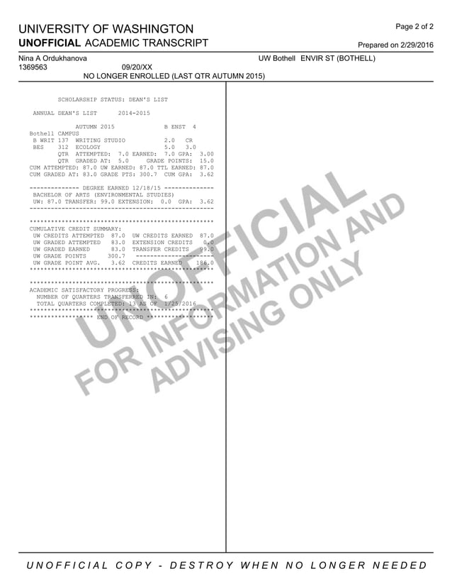 UWUnofficialTranscript | PDF | Undergraduate Education | College Education