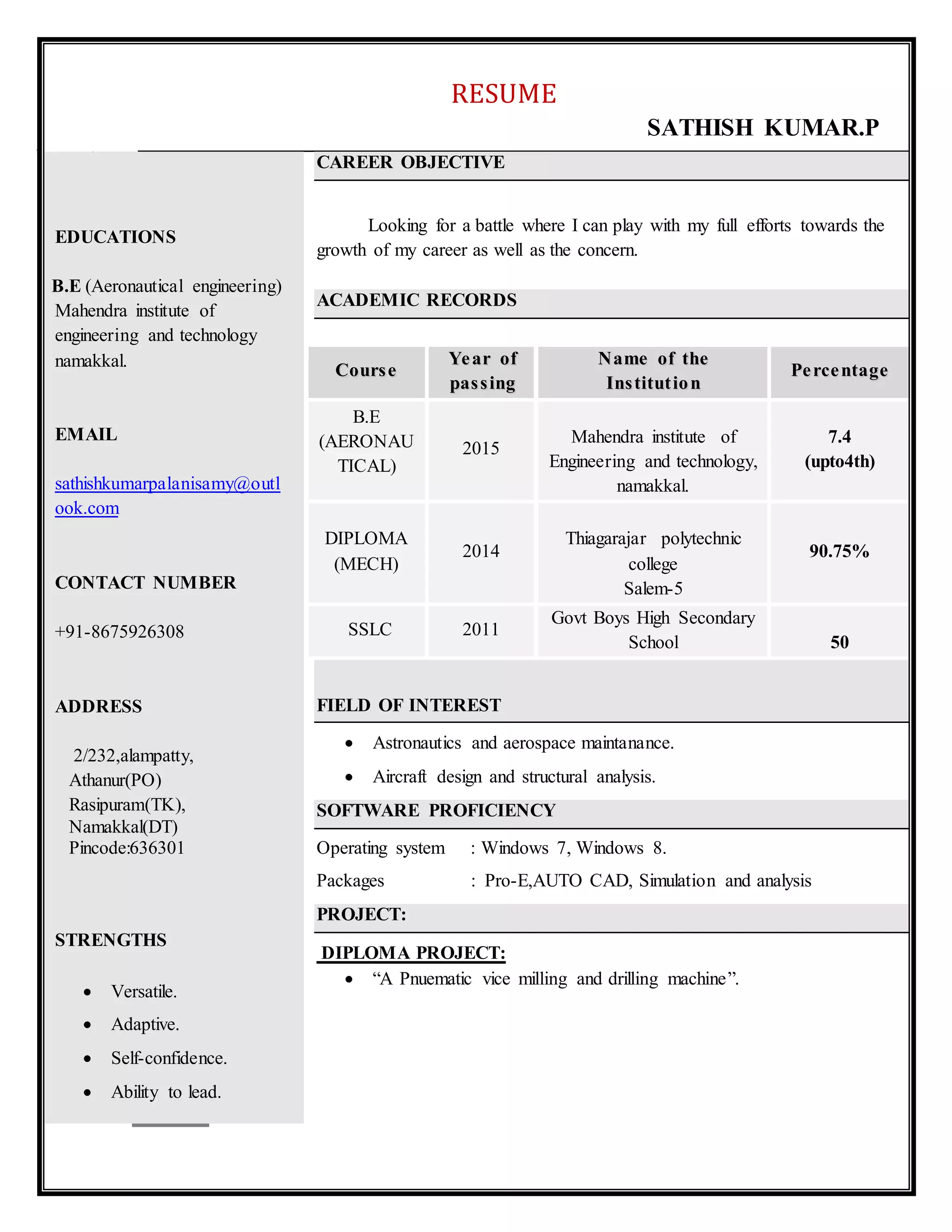 sathish kumar Resume | DOCX