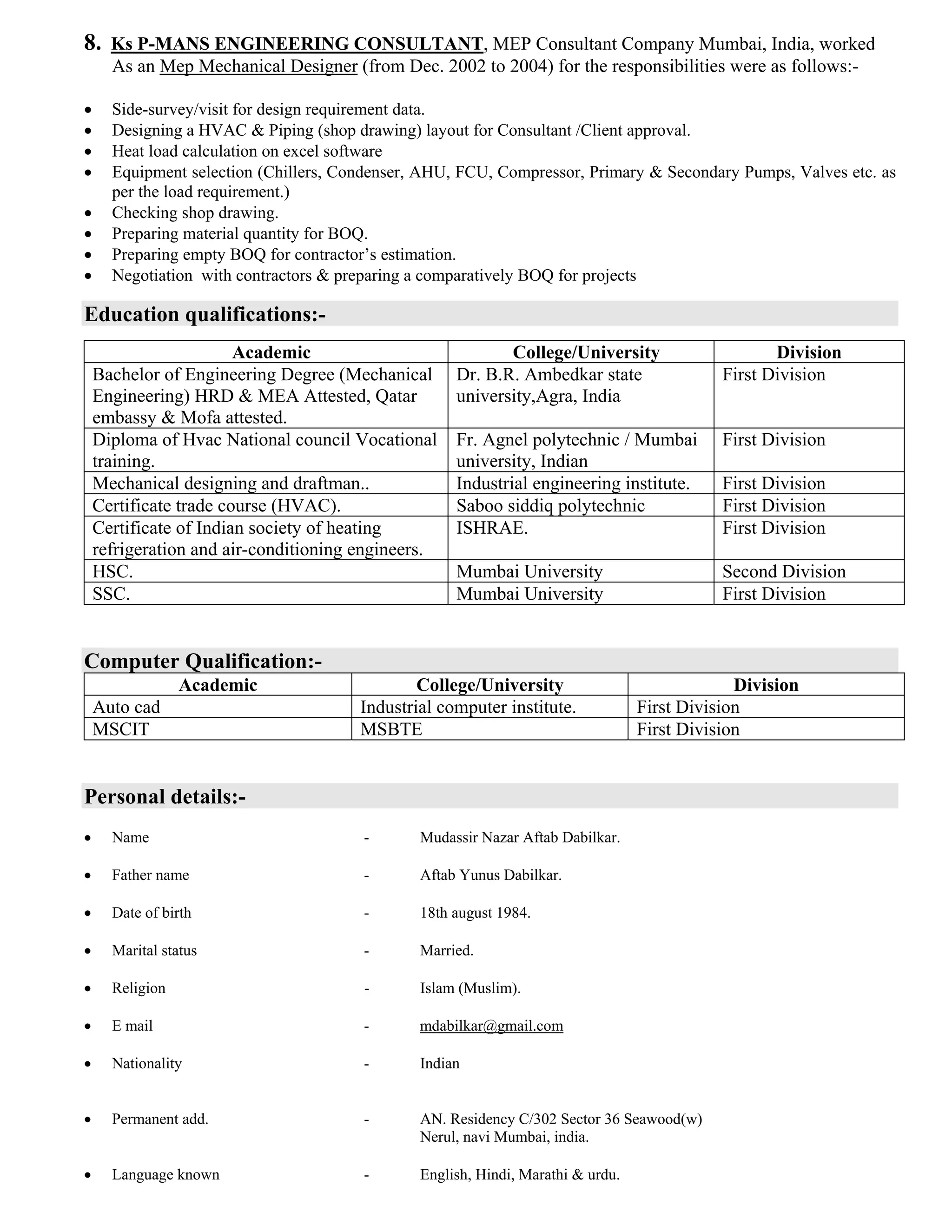 MEP Machanical Engineer (Design, Estimation, Execution, Cad-Revit) | PDF