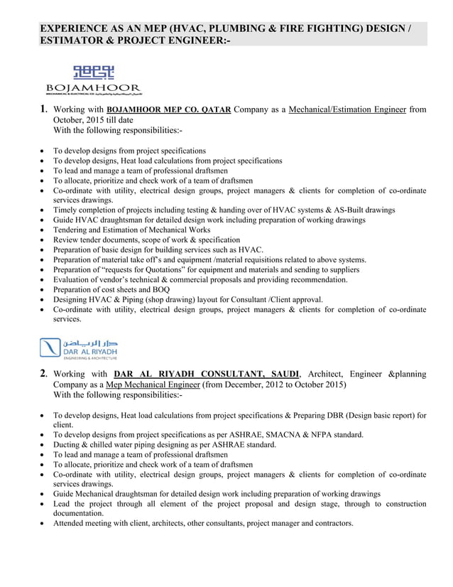 MEP Machanical Engineer (Design, Estimation, Execution, Cad-Revit) | PDF