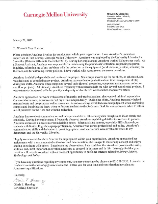 Anushree Srinivas Recommendation Letter Hunt Libr 2015 | PDF