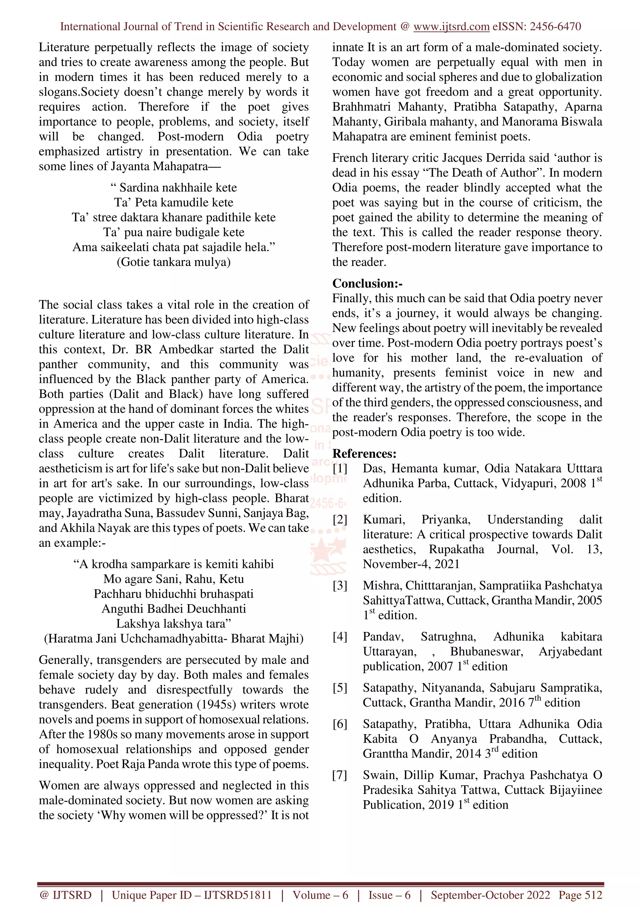 A Descriptive Study of Modern and Post Modern Odia Poetry | PDF