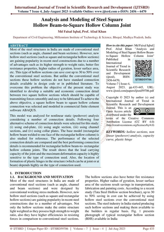 Analysis and Modeling of Steel Square Hollow Beam to Square Hollow ...
