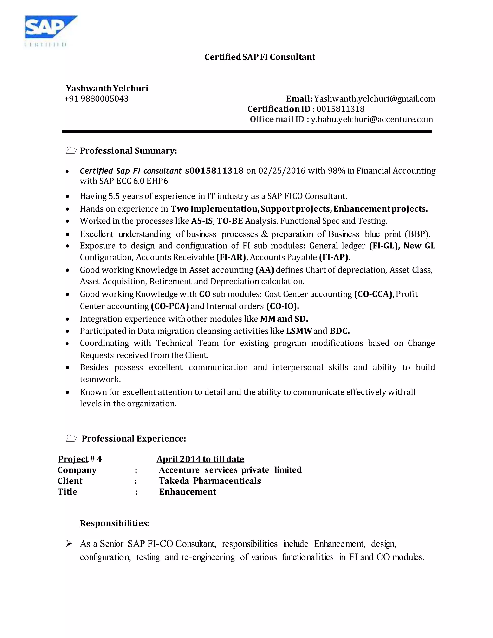 Certified SAP FICO Consultant | DOCX