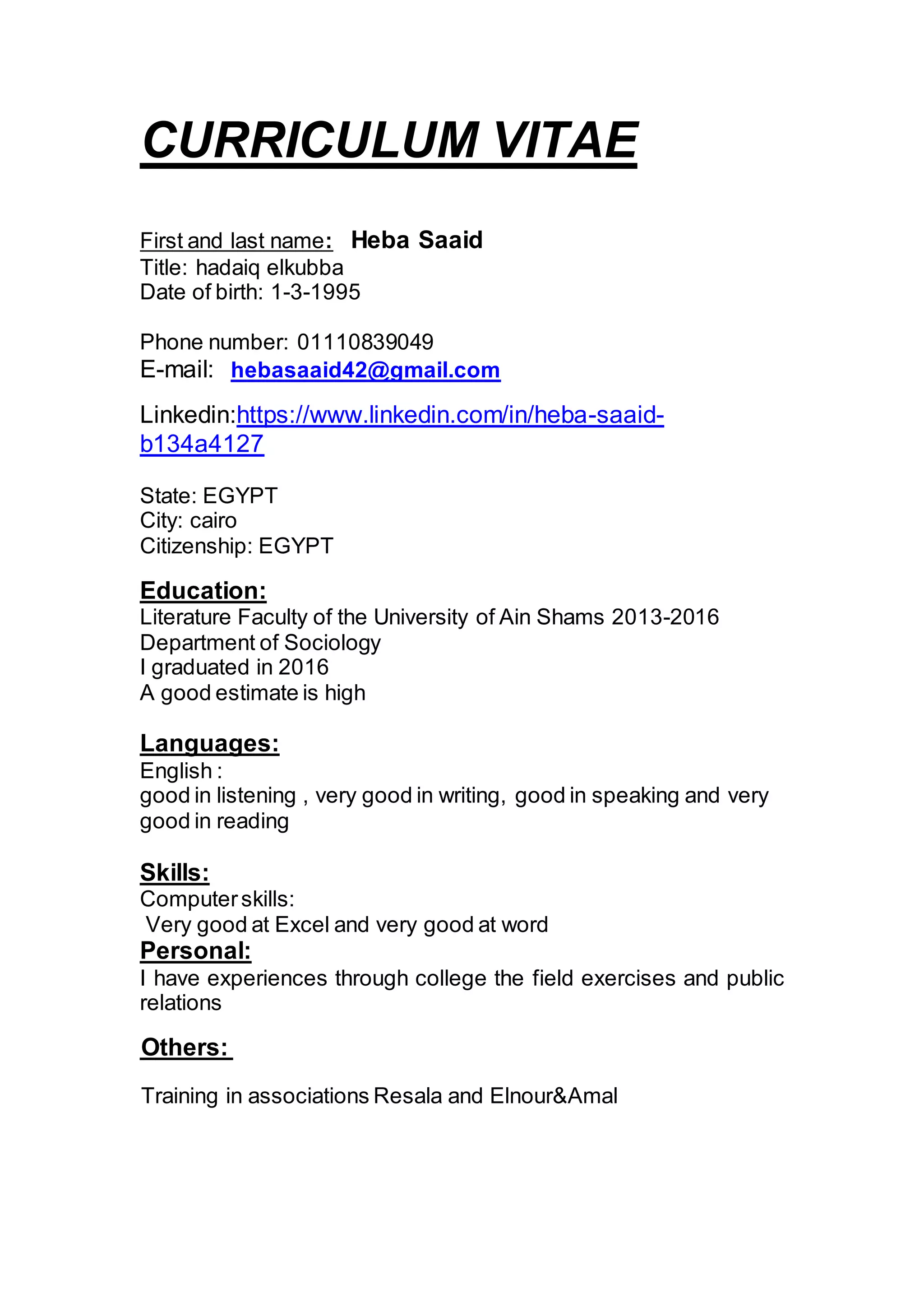 CV Heba Saaid | DOCX | World/International Music | Music