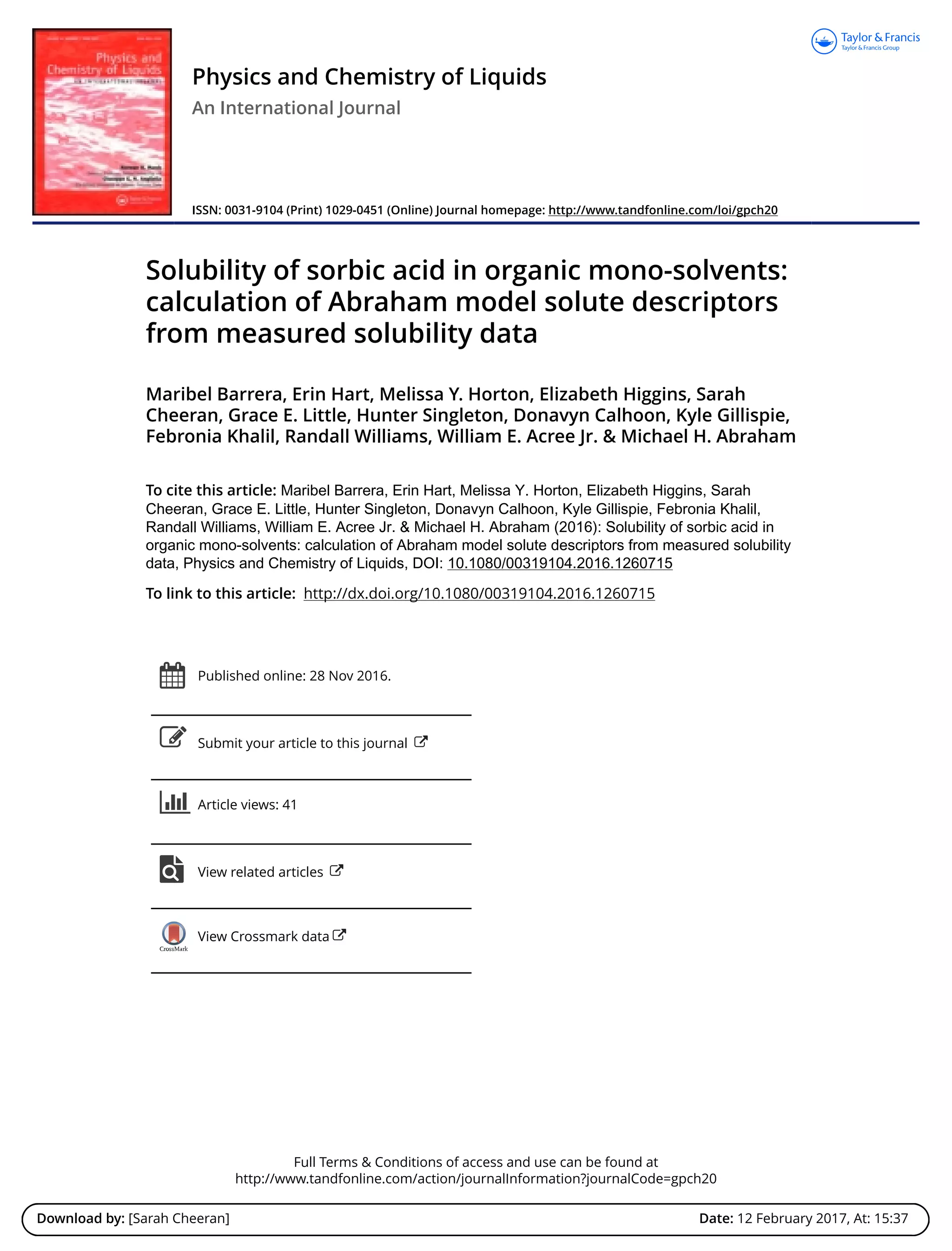 Solubility of sorbic acid in organic mono solvents calculation of ...