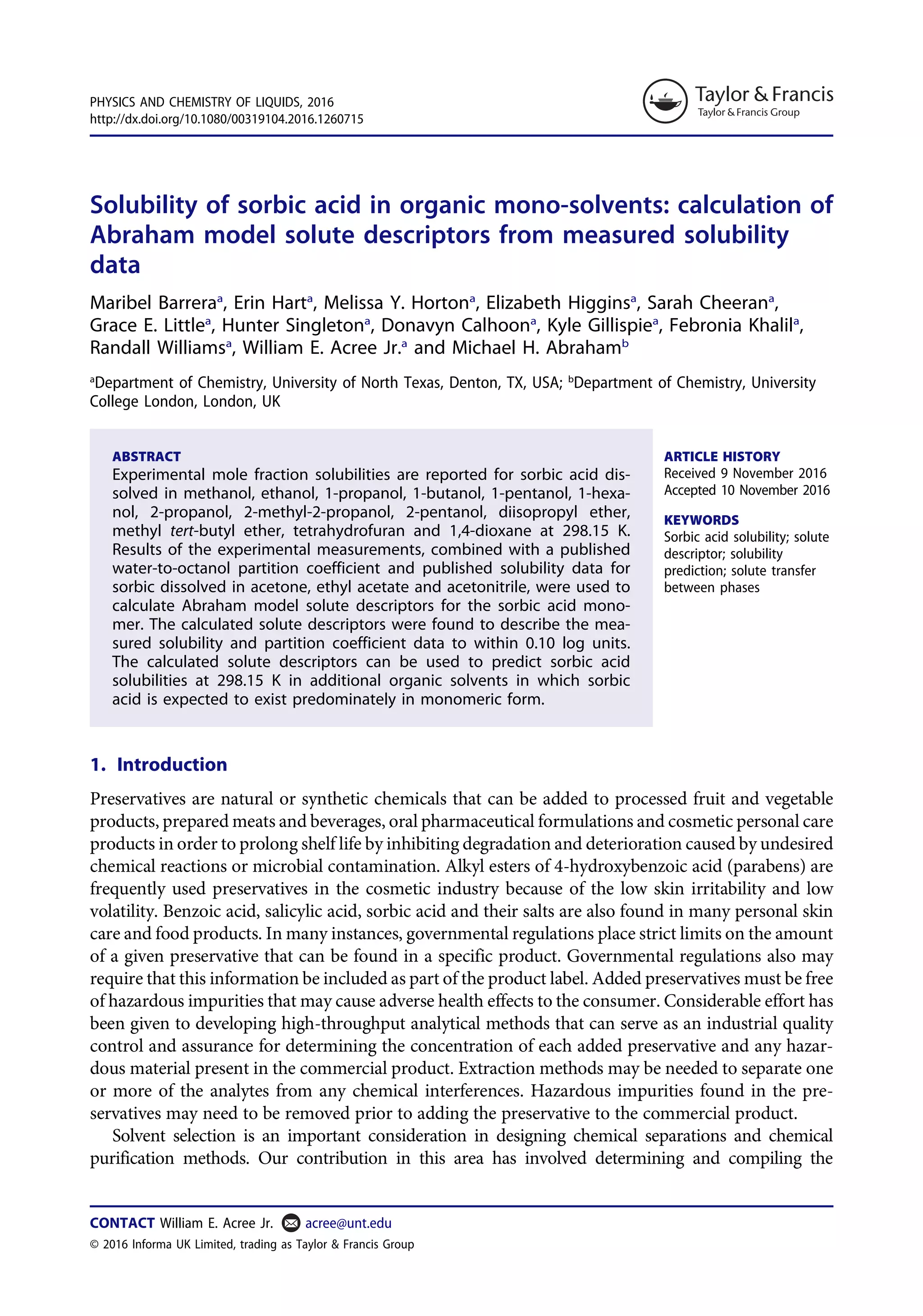 Solubility of sorbic acid in organic mono solvents calculation of ...