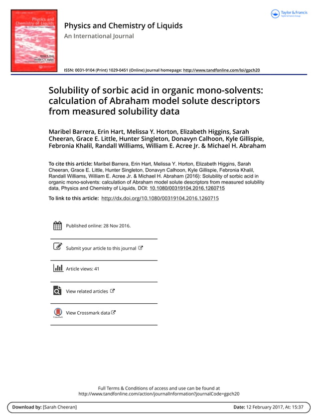 Solubility of sorbic acid in organic mono solvents calculation of Abraham model solute ...
