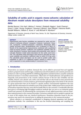 Solubility of sorbic acid in organic mono solvents calculation of Abraham model solute ...
