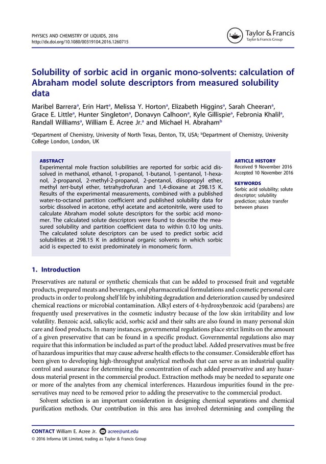 Solubility of sorbic acid in organic mono solvents calculation of ...