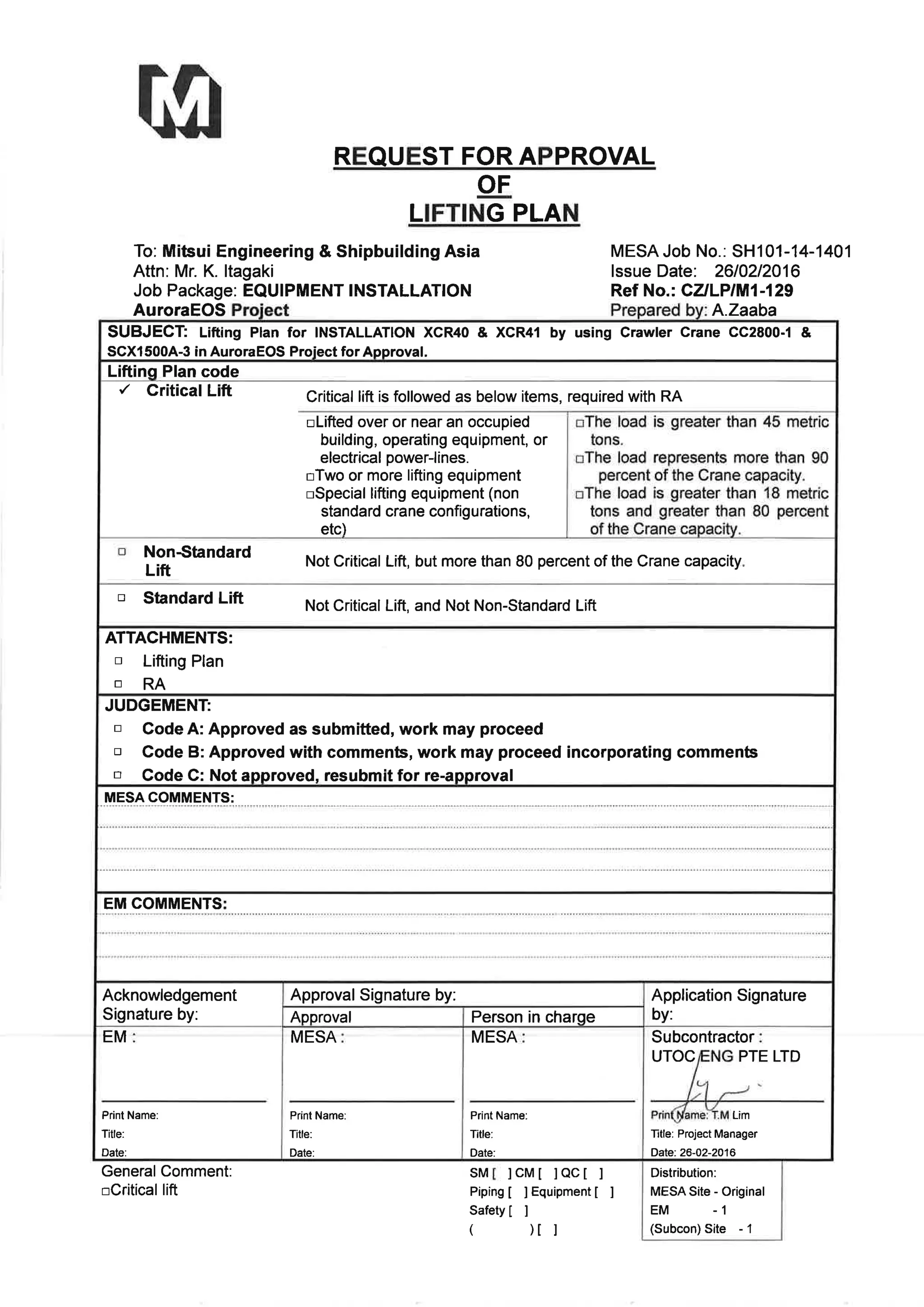 Lifting Plan for INSTALLATION XCR40 & XCR41 by using Crawler Crane ...