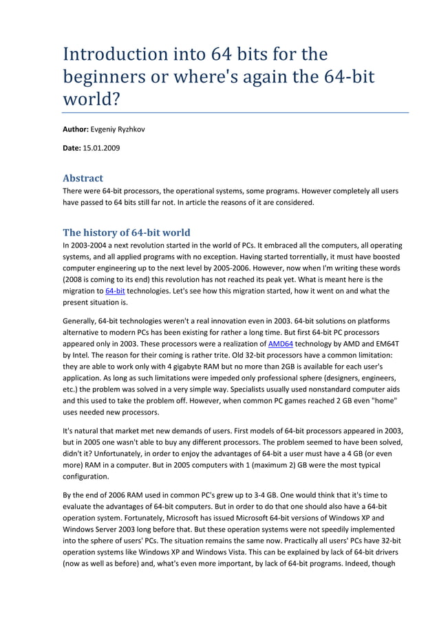 Introduction into 64 bits for the beginners or where's again the 64-bit world? | PDF