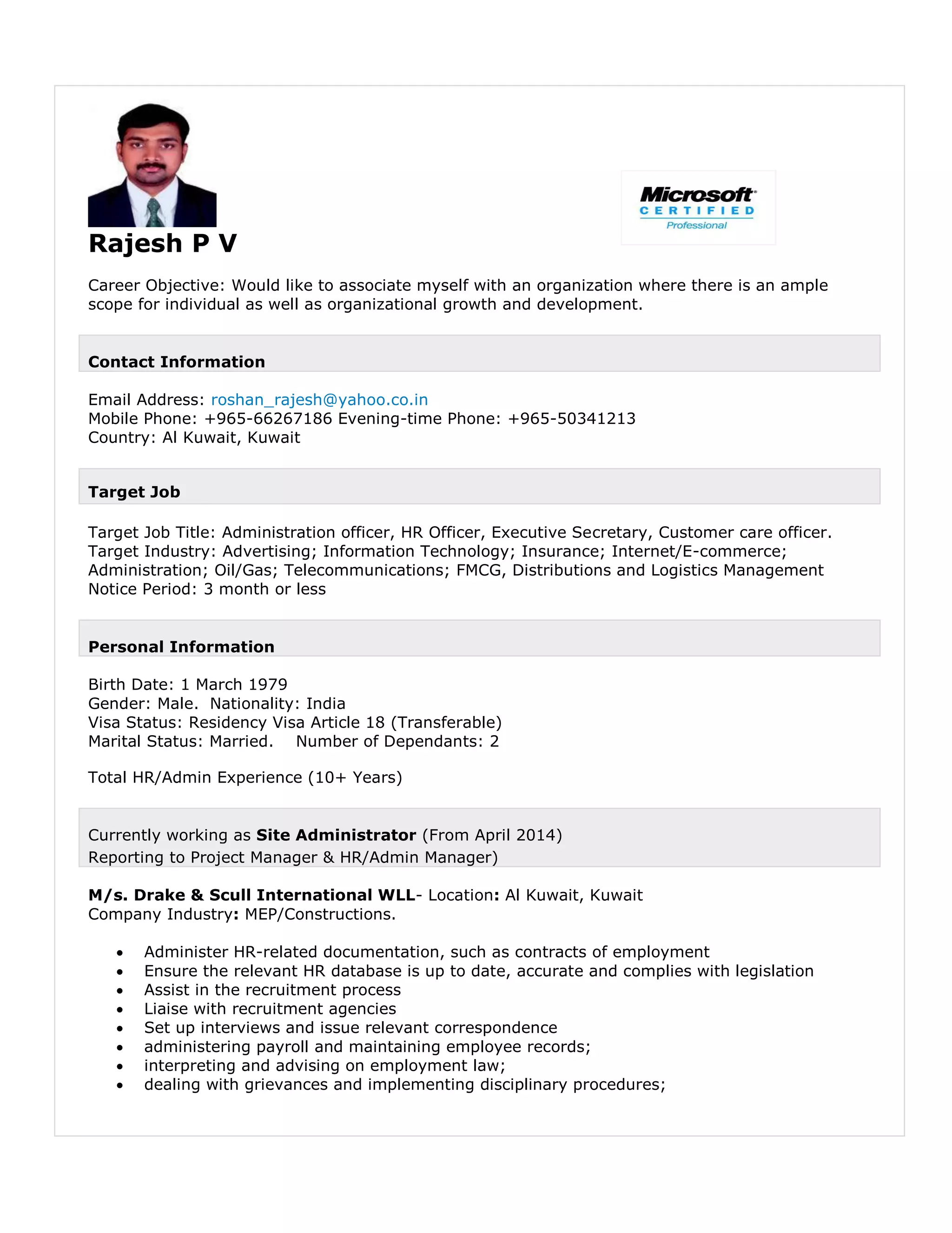 Rajesh PV_CV_HR Administration | PDF