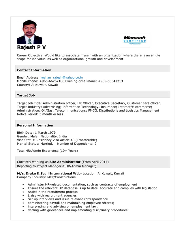 Rajesh PV_CV_HR Administration | PDF