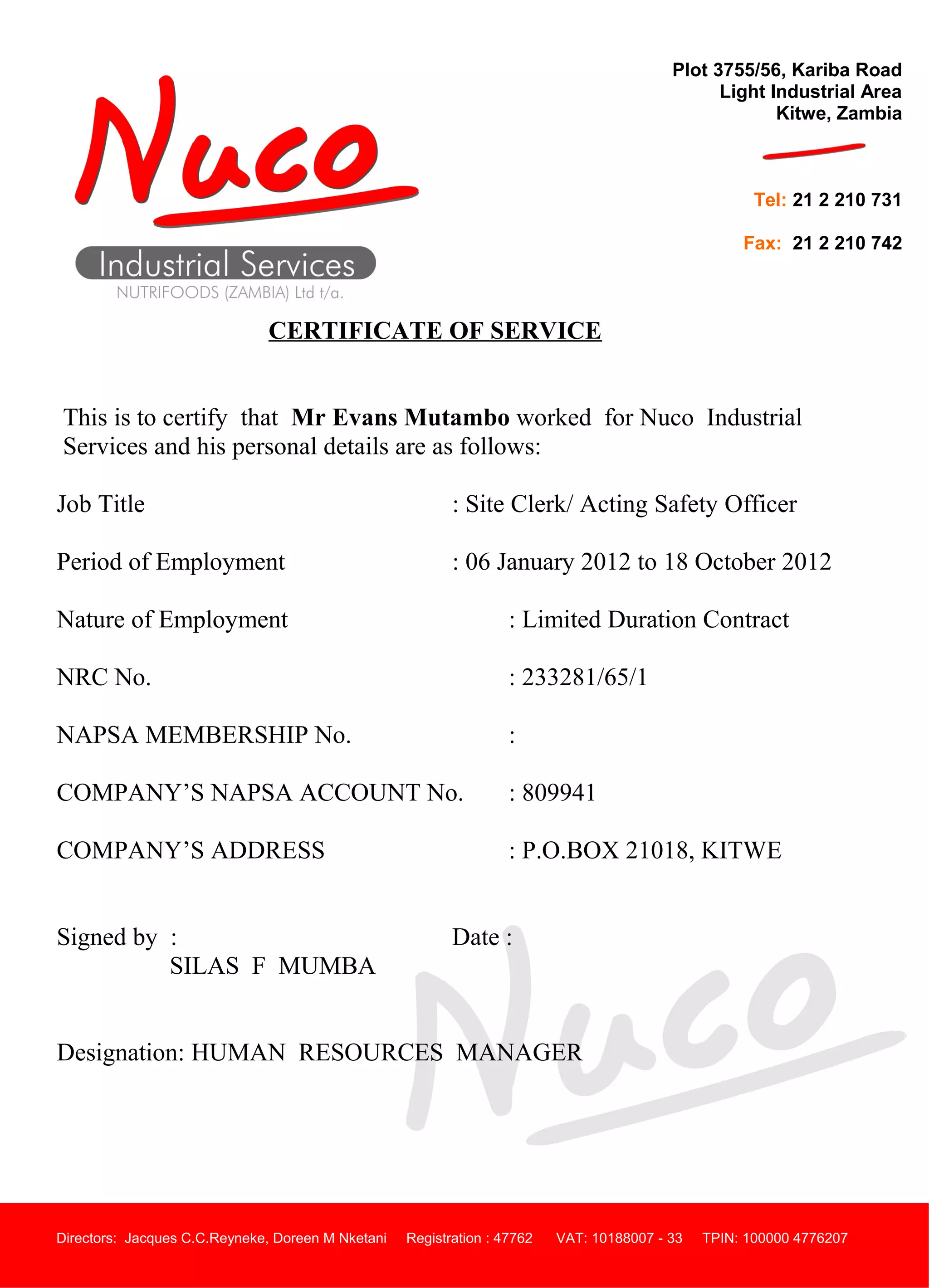 CERTIFICATE OF SERVICE - EVANS MUTAMBO | DOC
