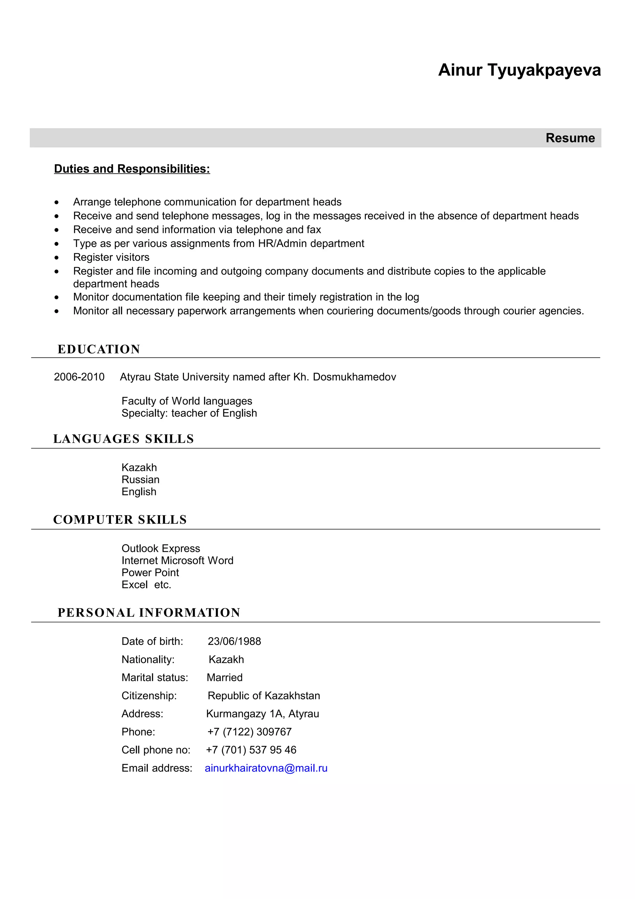 Ainur Tyuyakpayeva-resume | DOC