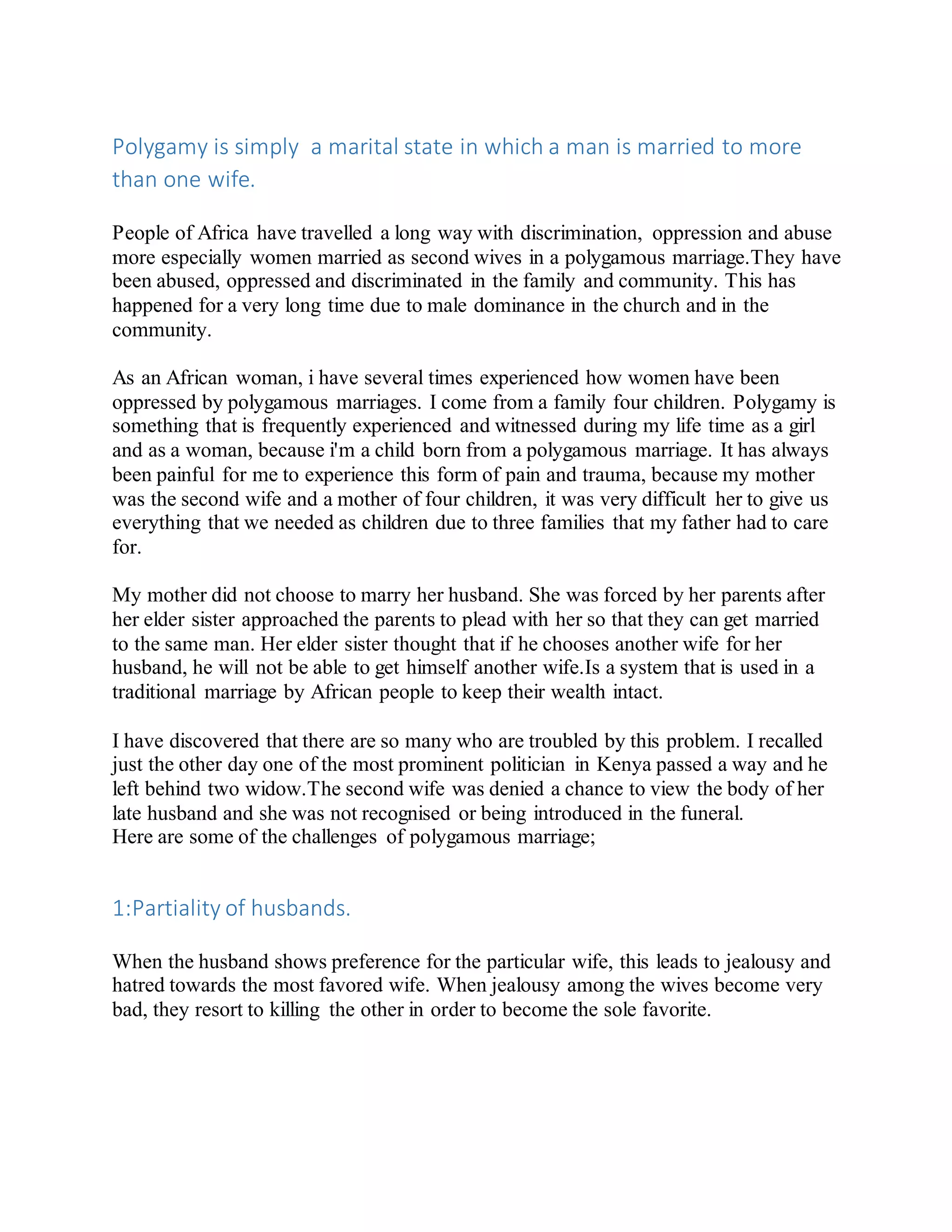 PROBLEMS ENCOUNTERED IN POLYGAMOUS MARRIAGE. | DOCX