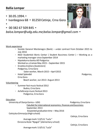 Balsa Lompar CV - engleski jezik | DOCX