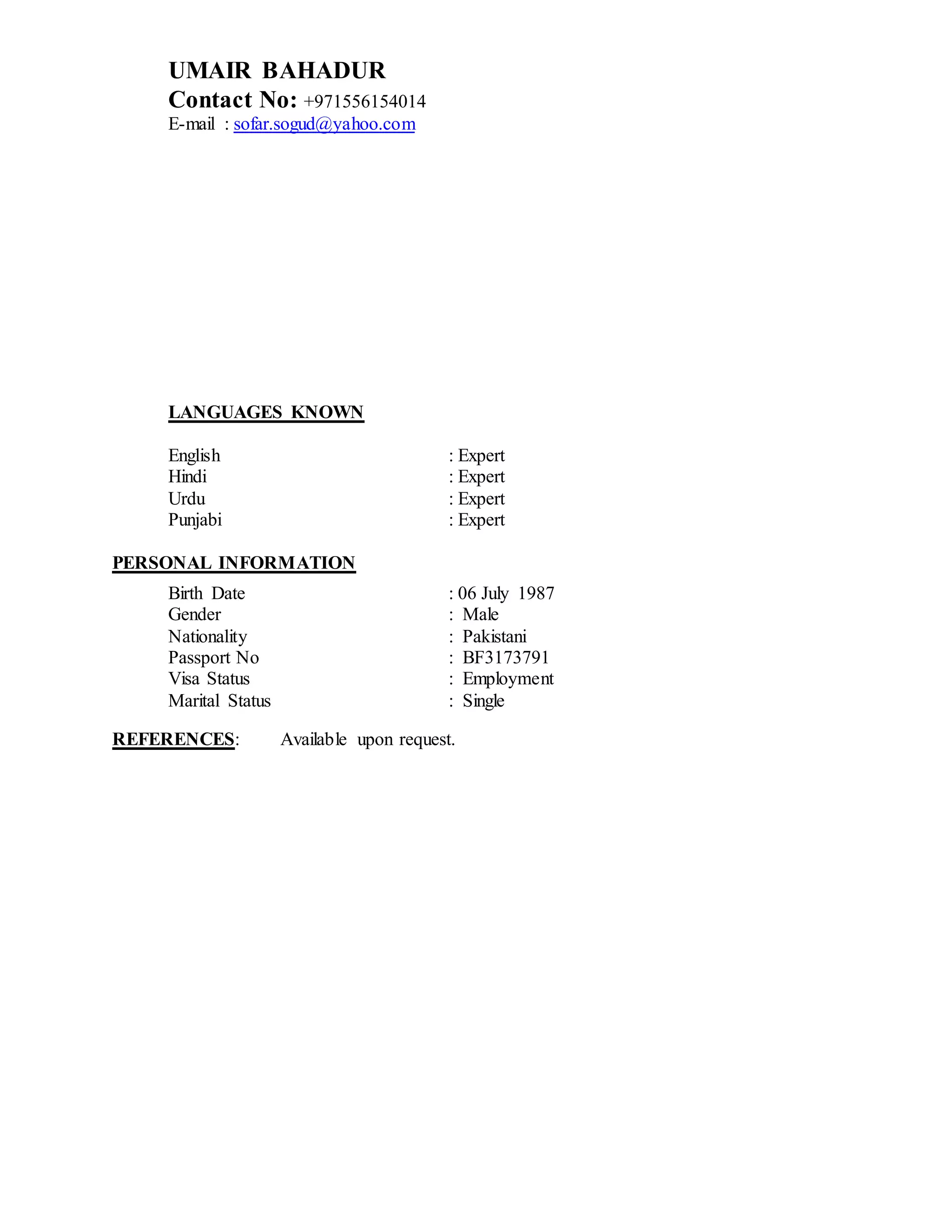 CV of Umair | DOCX | Resume Writing and Advice | Job Search