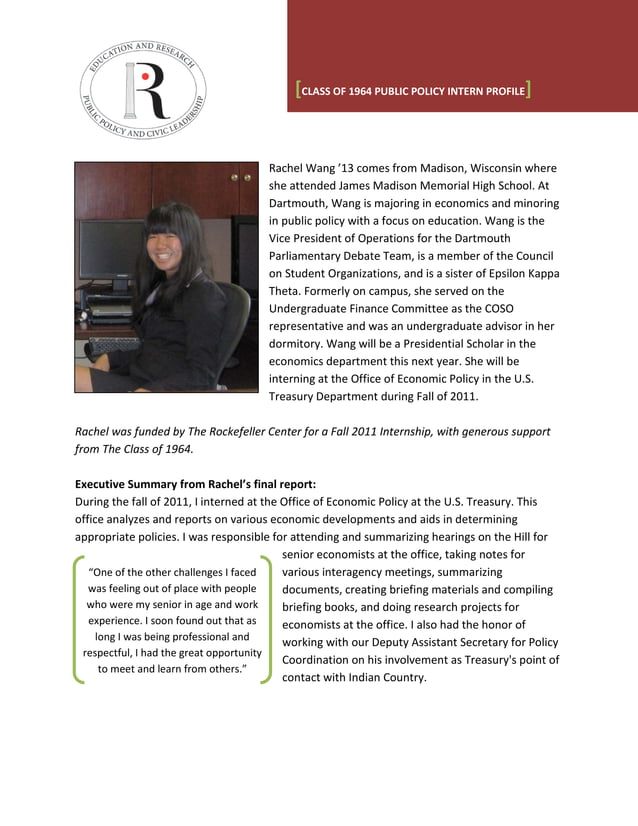 Named Internship Profile Summary - Rachel Wang (Class of 1964) | PDF