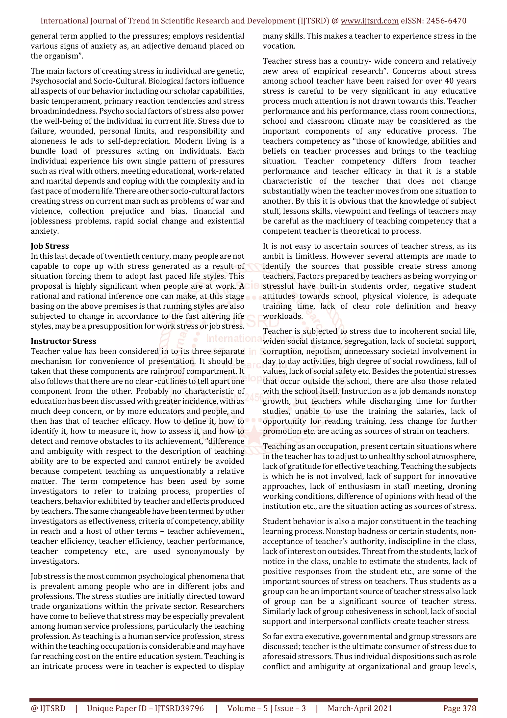 Stress among the Teachers in the Development of Quality Teaching | PDF