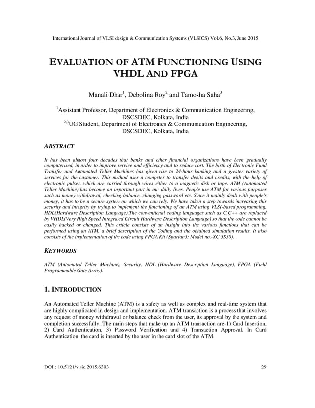 EVALUATION OF ATM FUNCTIONING USING VHDL AND FPGA | PDF | Programming Languages | Computing