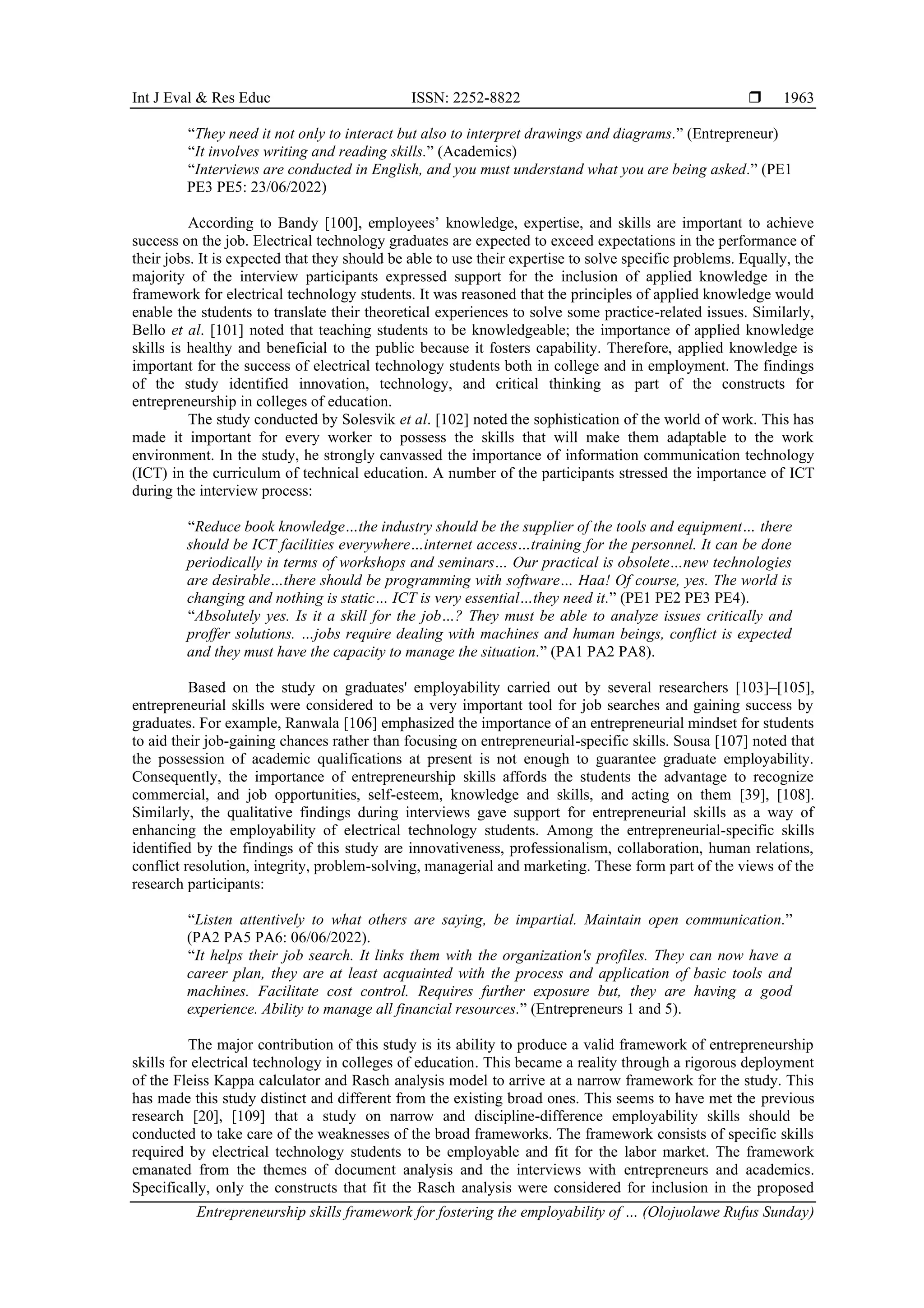 Entrepreneurship skills framework for fostering the employability of ...