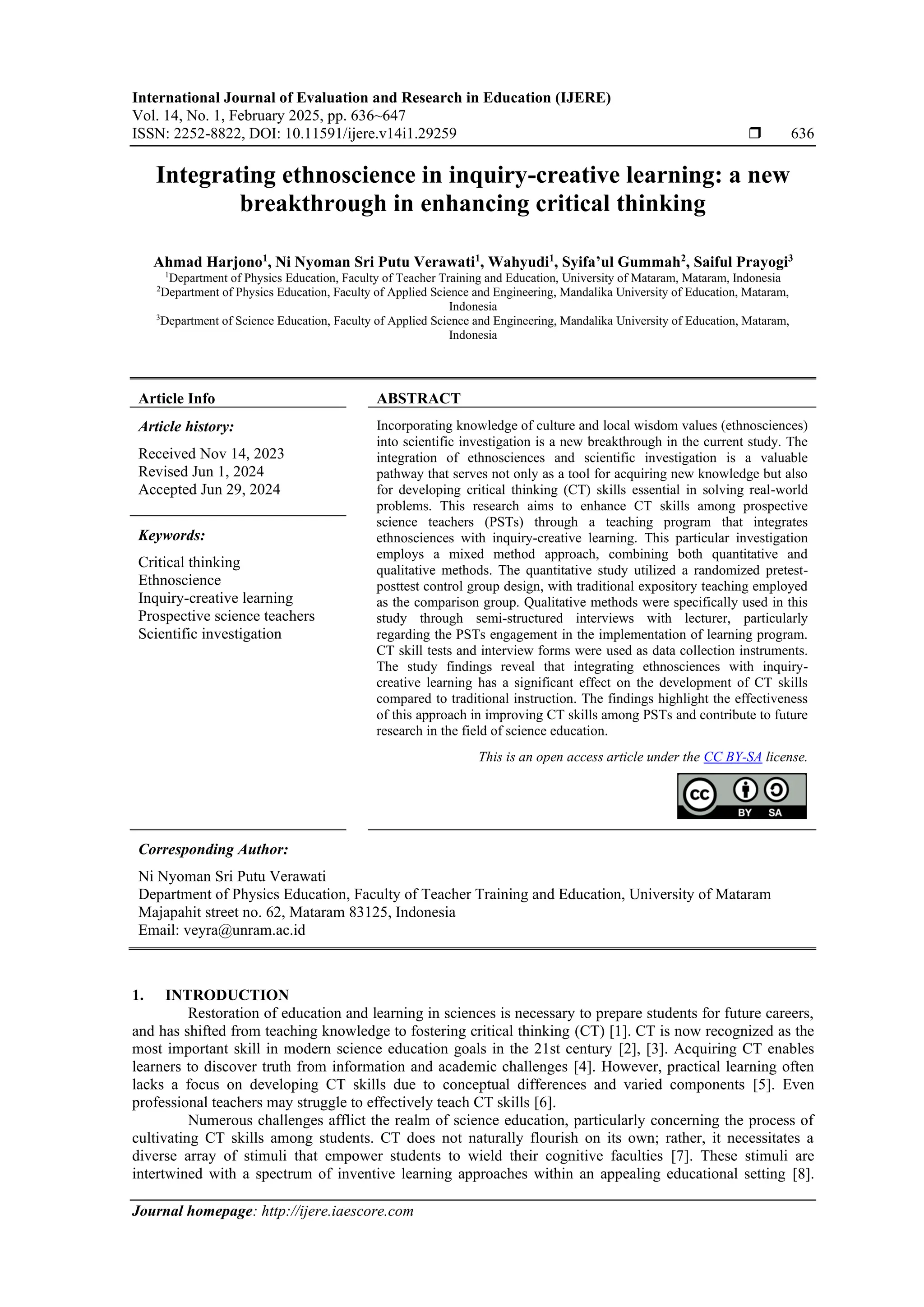 Integrating ethnoscience in inquiry-creative learning: a new ...