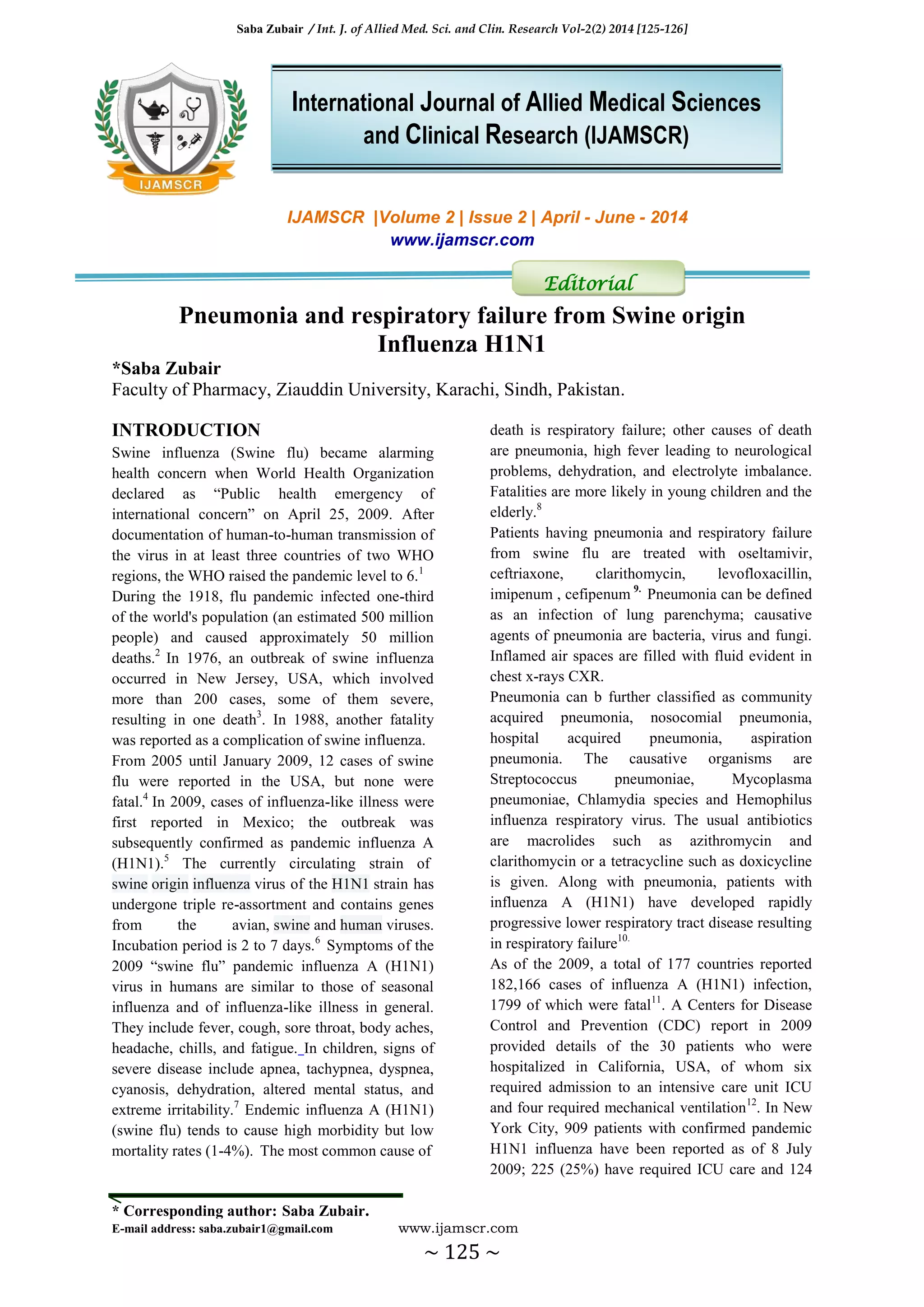 Pneumonia and respiratory failure from swine origin influenza H1n1 | PDF