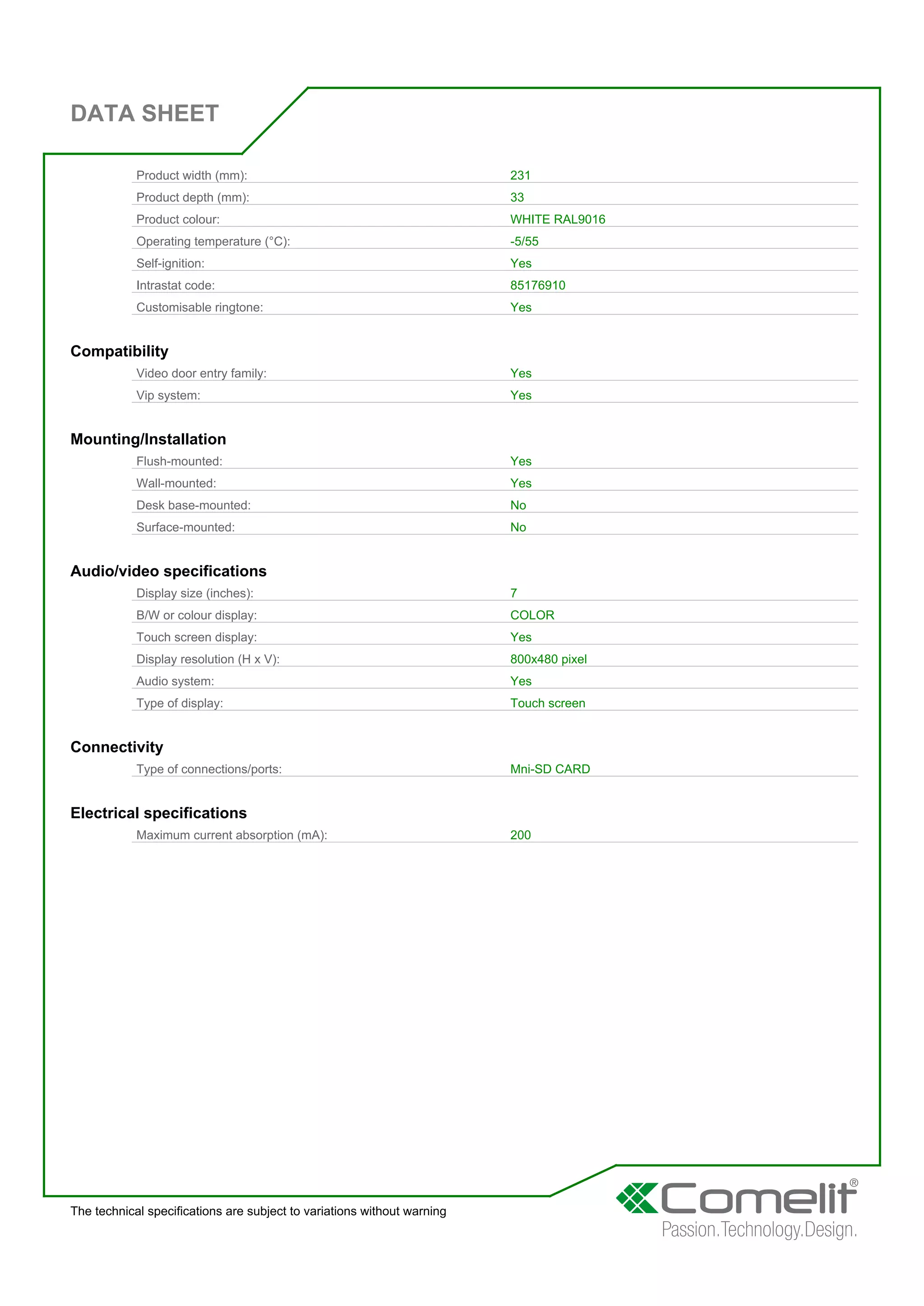 Comelit 6501 Data Sheet | PDF