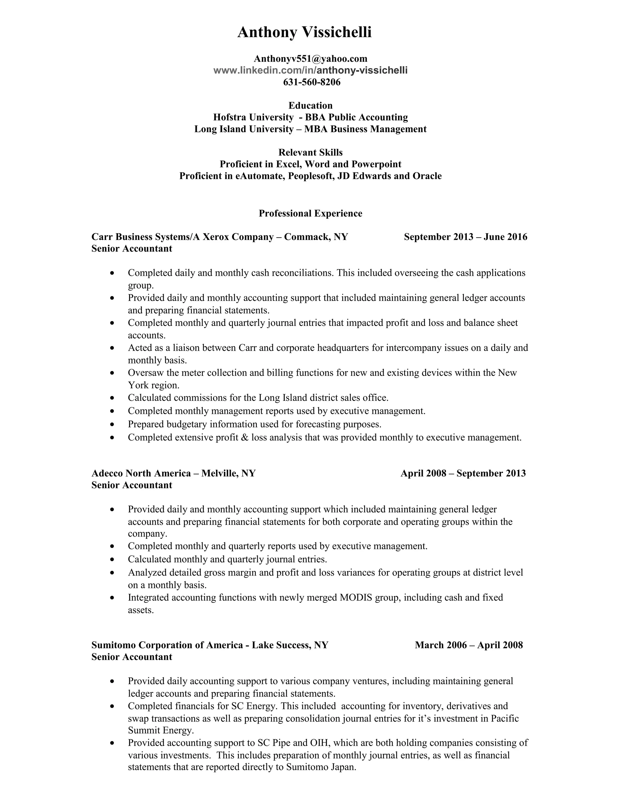 Anthony Vissichelli resume 2016 | PDF