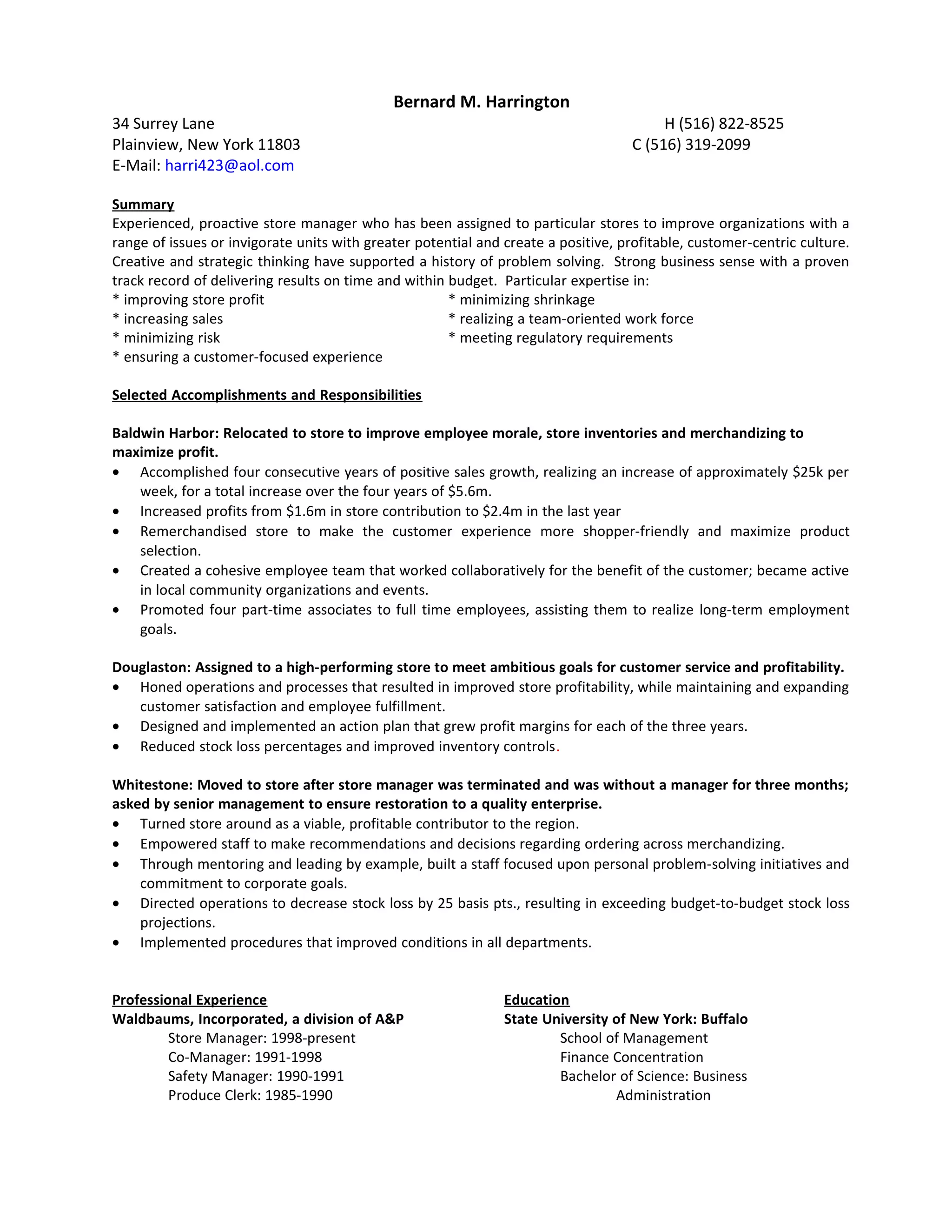 Bernard Harringtons Resume | DOC