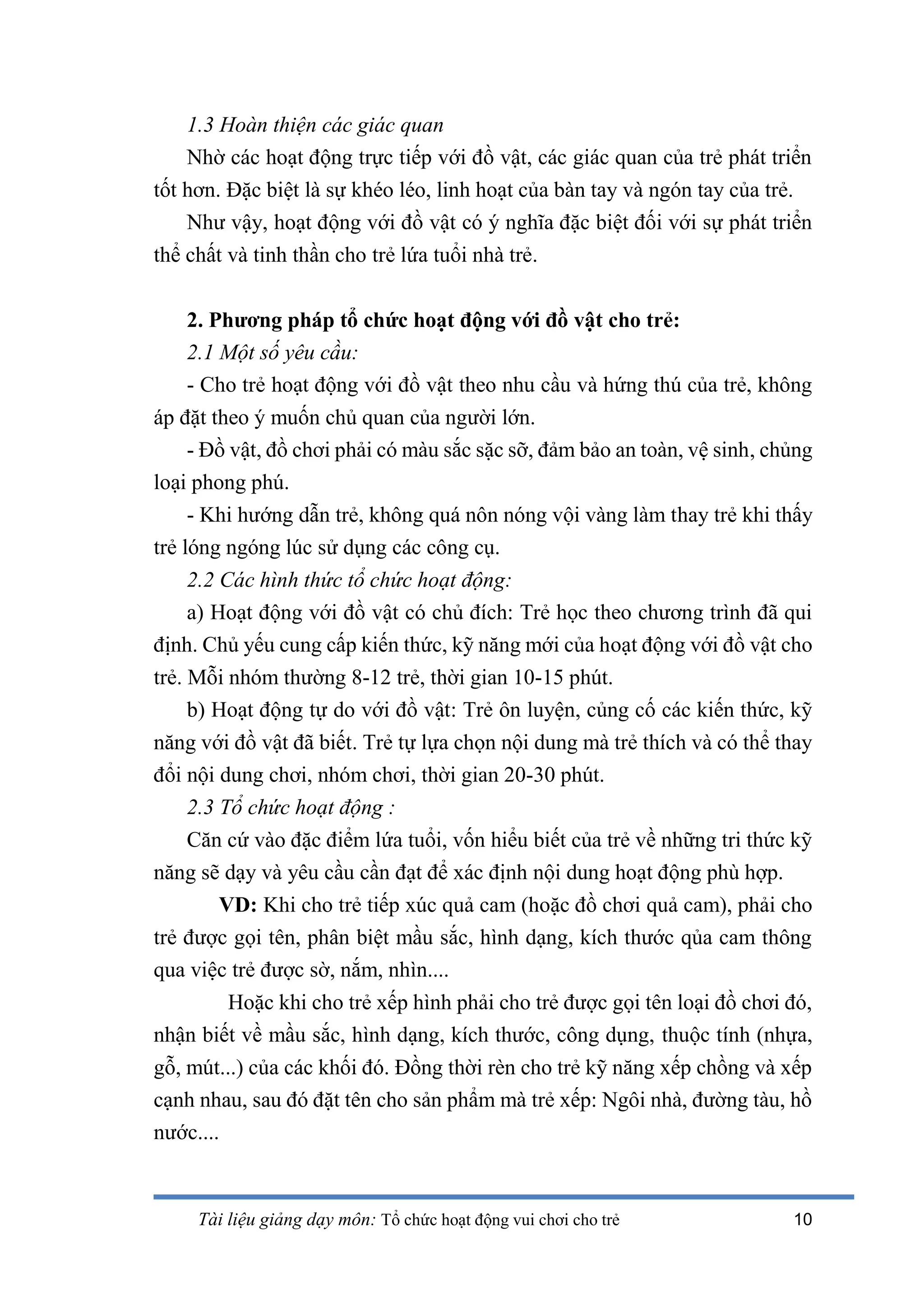 TÀI LIỆU GIẢNG DẠY MÔN: TỔ CHỨC HOẠT ĐỘNG VUI CHƠI CHO TRẺ | PDF