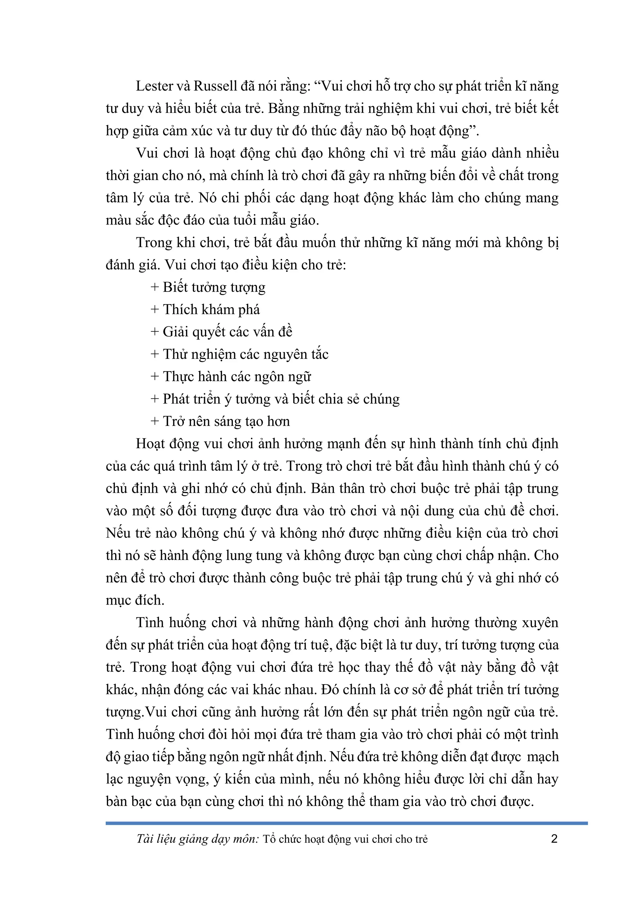 TÀI LIỆU GIẢNG DẠY MÔN: TỔ CHỨC HOẠT ĐỘNG VUI CHƠI CHO TRẺ | PDF