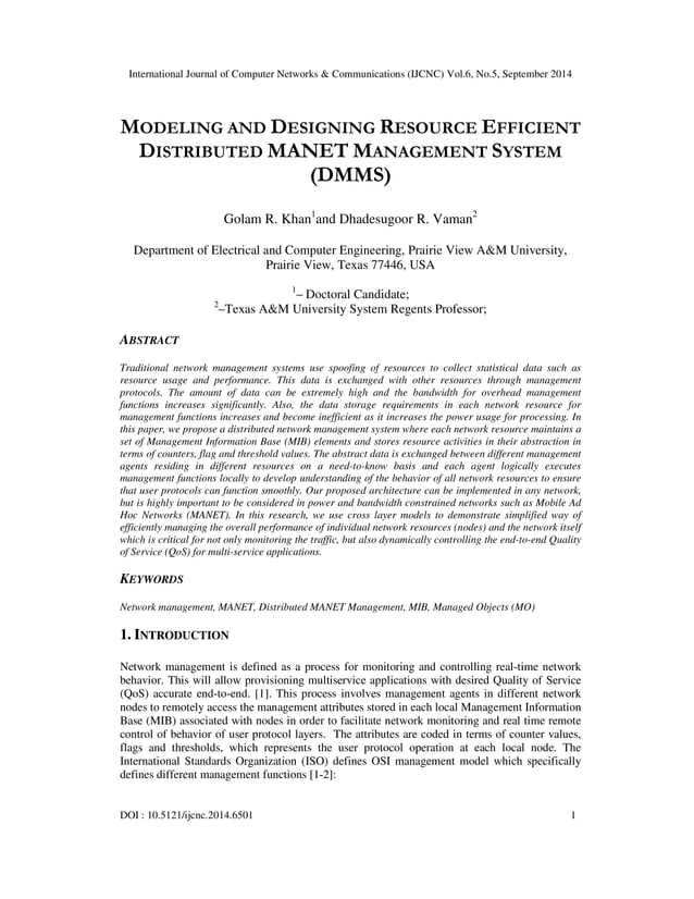 MODELING AND DESIGNING RESOURCE EFFICIENT DISTRIBUTED MANET MANAGEMENT SYSTEM (DMMS) | PDF