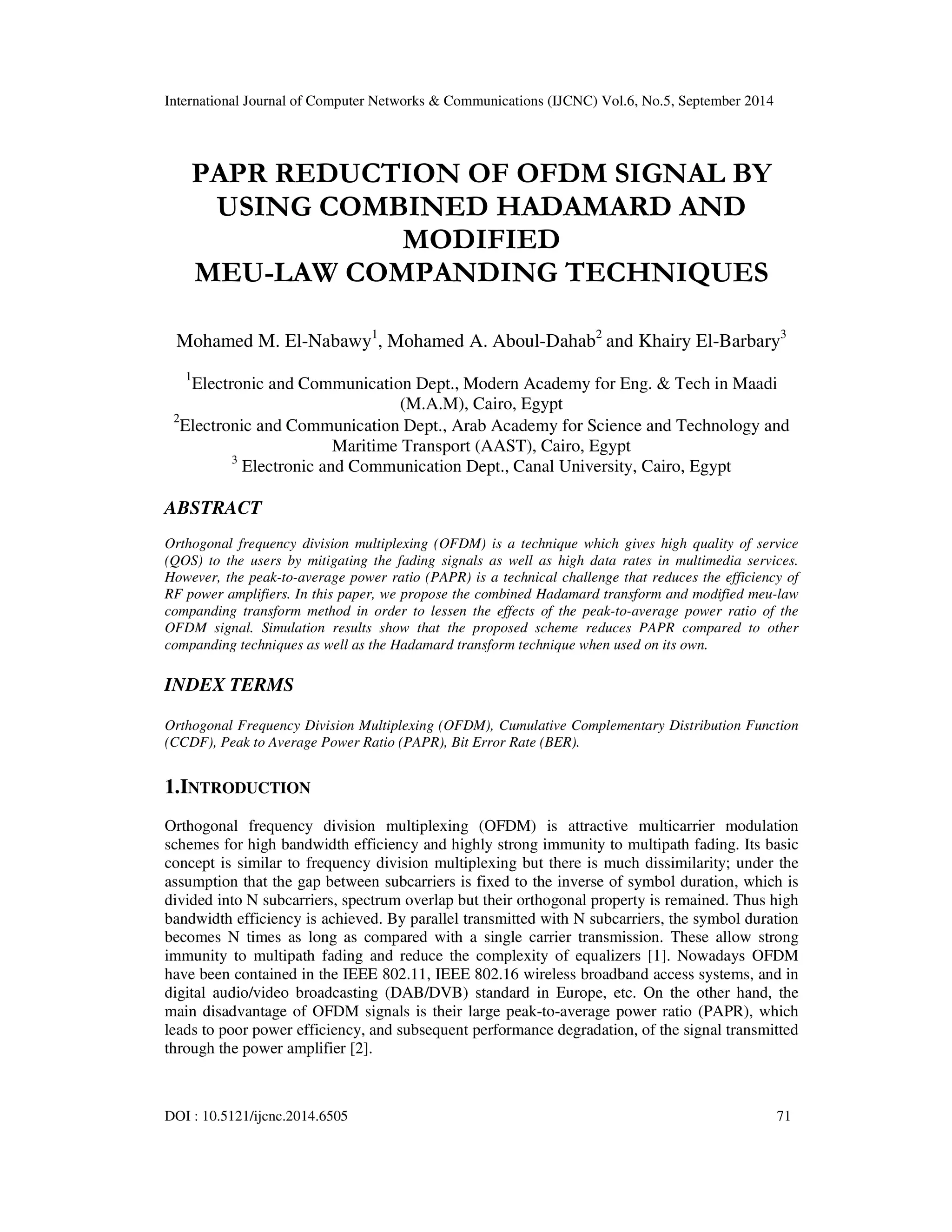 PAPR REDUCTION OF OFDM SIGNAL BY USING COMBINED HADAMARD AND MODIFIED MEU-LAW COMPANDING ...