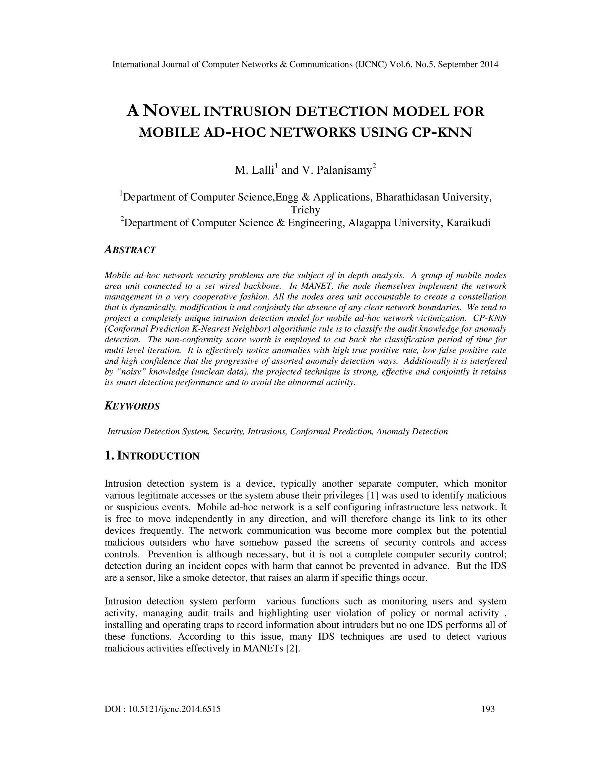 A NOVEL INTRUSION DETECTION MODEL FOR MOBILE AD-HOC NETWORKS USING CP-KNN | PDF | Information ...