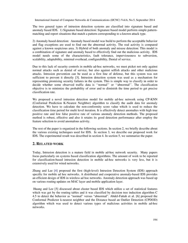 A NOVEL INTRUSION DETECTION MODEL FOR MOBILE AD-HOC NETWORKS USING CP-KNN | PDF | Information ...